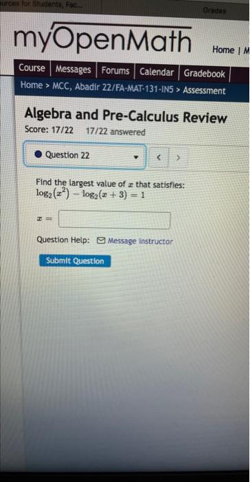 Solved Algebra and Pre-Calculus Review Score: 17/2217/22 | Chegg.com