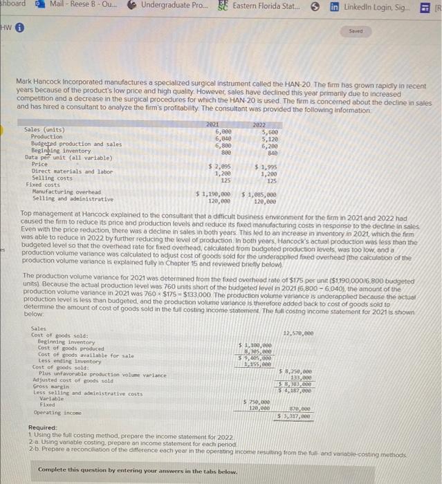 Mark Hancock Incorporated manufactures a specialized | Chegg.com