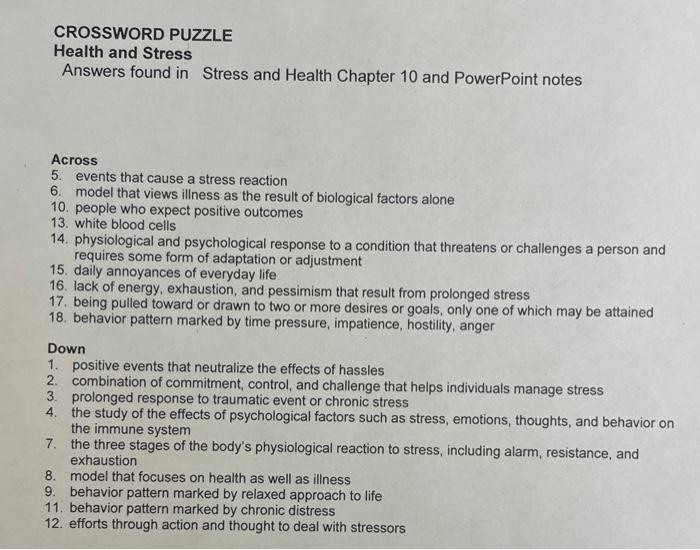 Solved CROSSWORD PUZZLE Health and Stress Answers found in | Chegg.com
