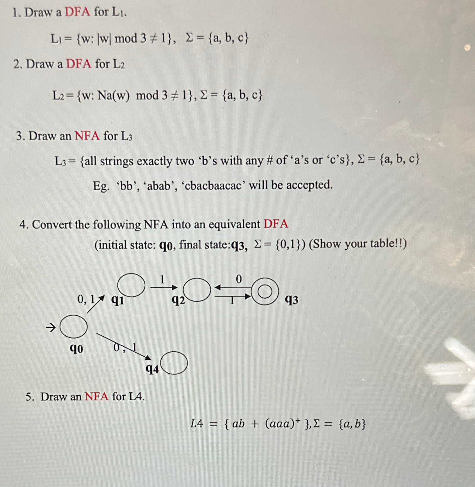 Draw a DFA for L1.L1={w:|w|mod3≠1},Σ={a,b,c}Draw a | Chegg.com