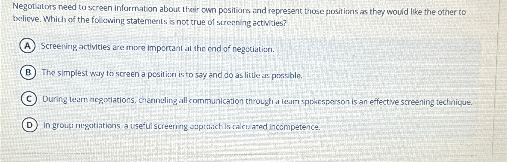 Solved Negotiators need to screen information about their | Chegg.com