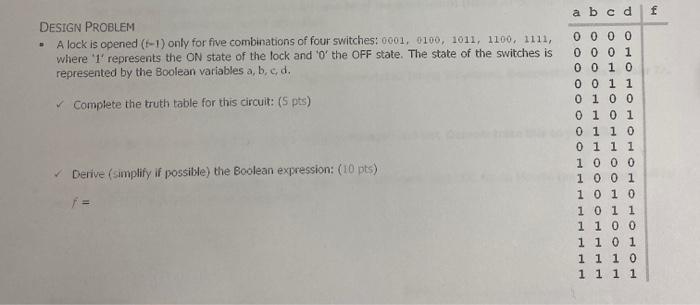 Solved a bcdf DESIGN PROBLEM A lock is opened (-1) only for | Chegg.com