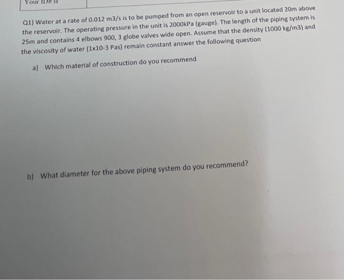 Solved Q1) Water at a rate of 0.012 m3/s is to be pumped | Chegg.com