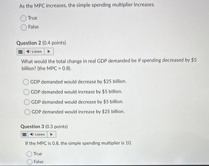 Solved As the MPC increases, the simple spending multiplier | Chegg.com