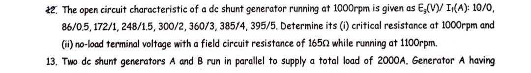 Solved 12. The open circuit characteristic of a dc shunt | Chegg.com