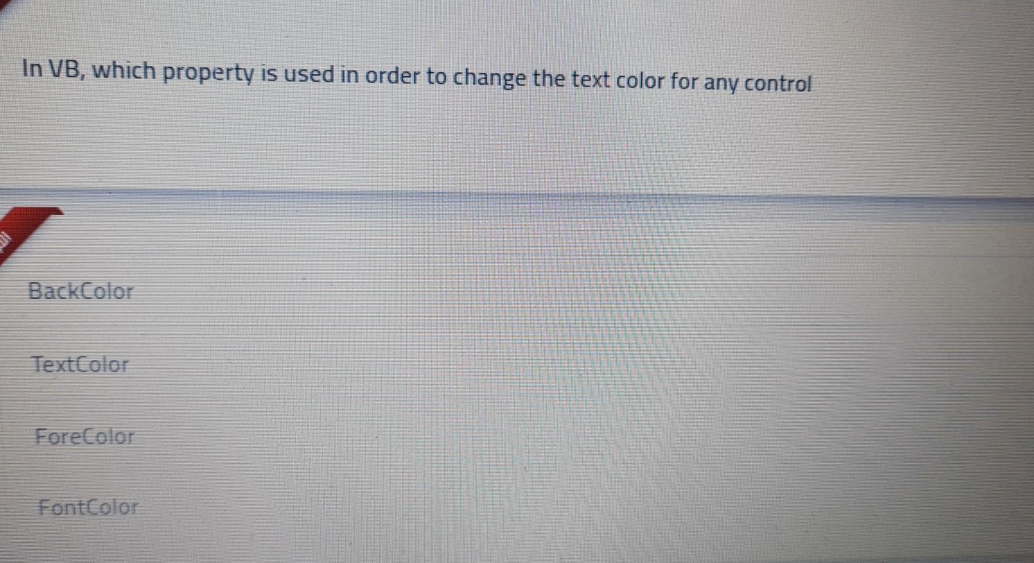 Solved In VB, which property is used in order to change the | Chegg.com