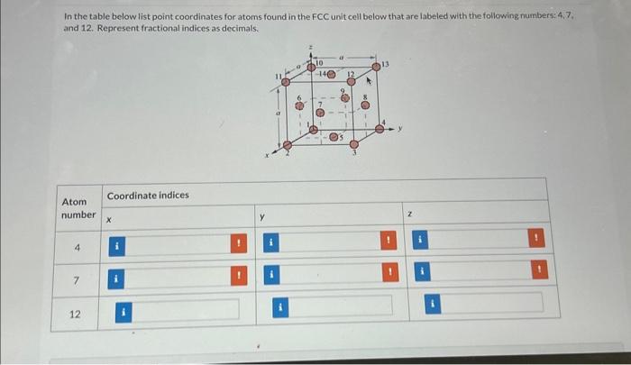 Solved In the table below list point coordinates for atoms | Chegg.com
