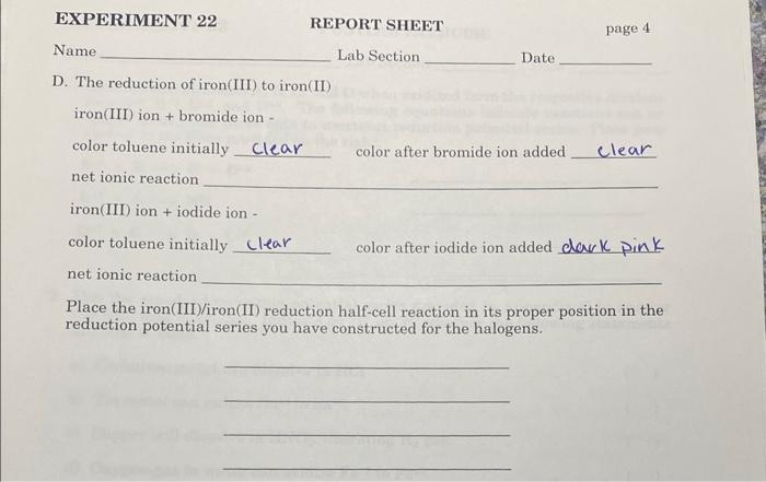 Solved Name Lab Section Date D. The reduction of iron(III) | Chegg.com