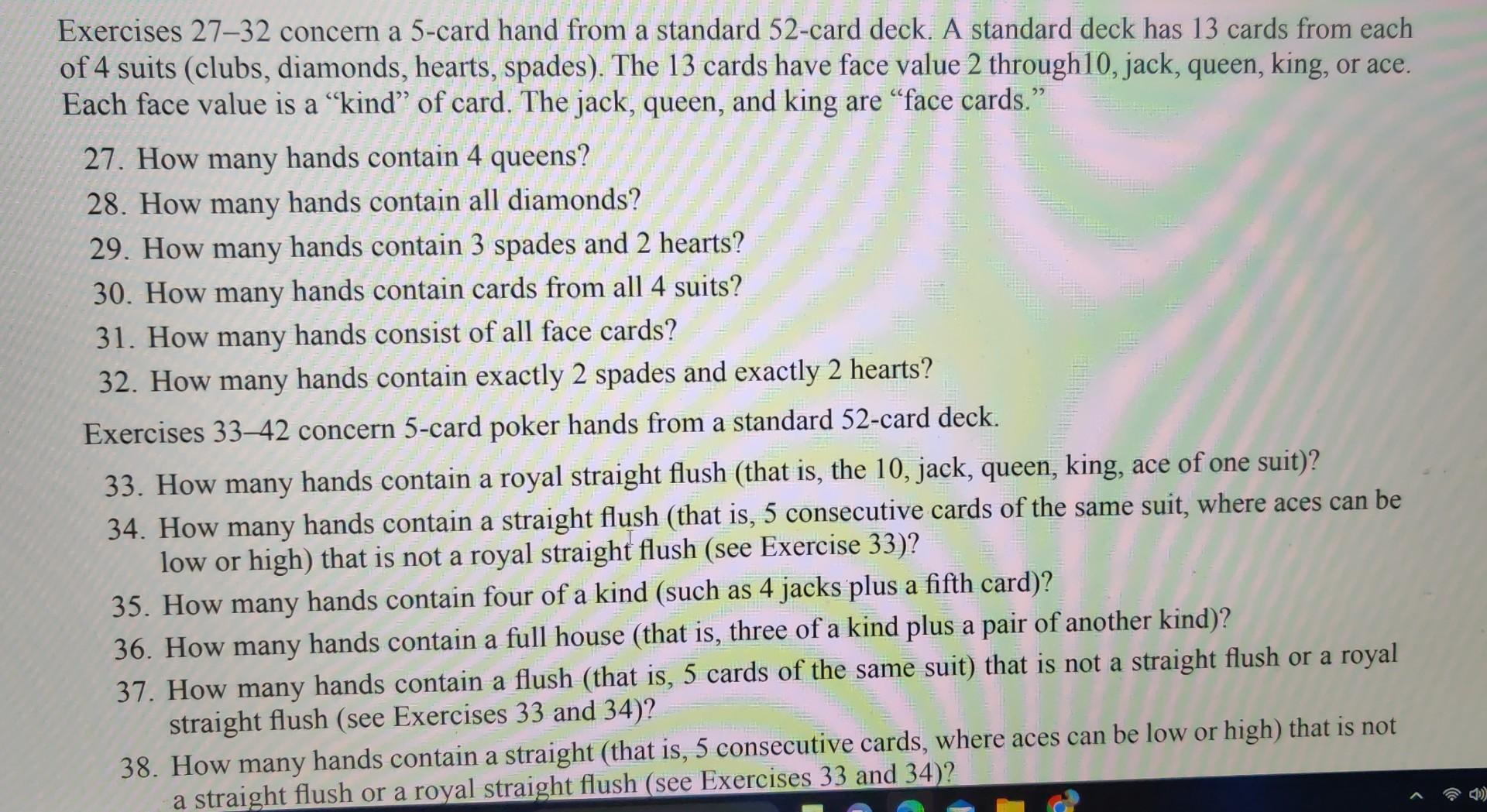 Solved Exercises 27-32 concern a 5-card hand from a standard | Chegg.com