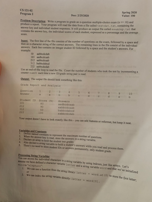 Solved CS 121-02 Program 2 Due: 2/25/2020 Spring 2020 Value: | Chegg.com