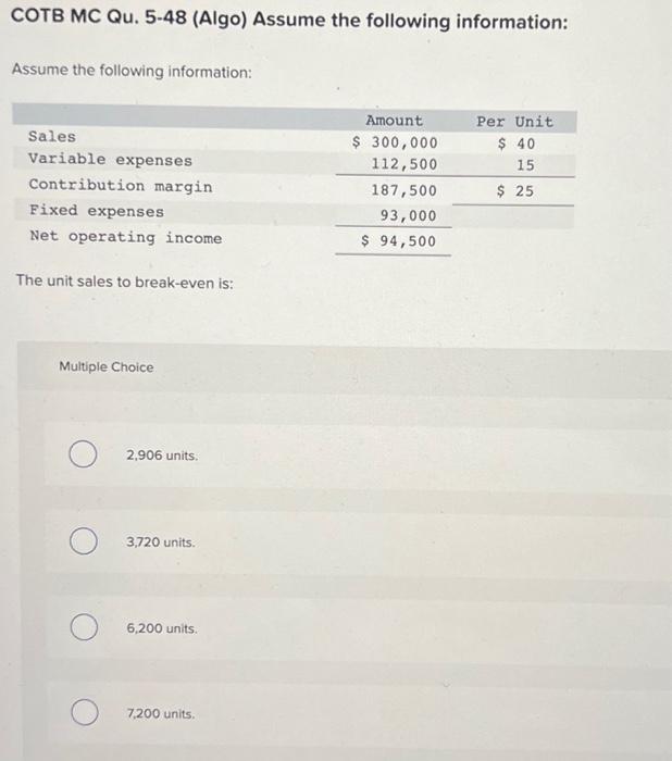 Solved СОTB MC Qu. 5-48 (Algo) Assume the following | Chegg.com