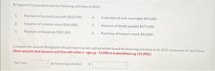Solved Bridgeport Corporation had the following activities | Chegg.com