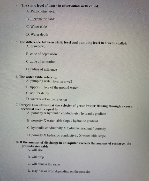 Solved 4. The static level of water in observation wells | Chegg.com