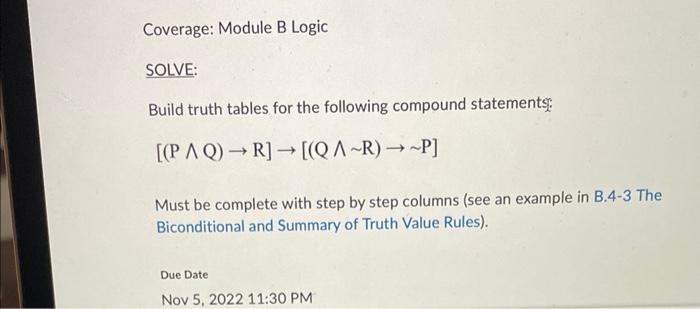 Solved Coverage: Module B Logic SOLVE: Build truth tables | Chegg.com