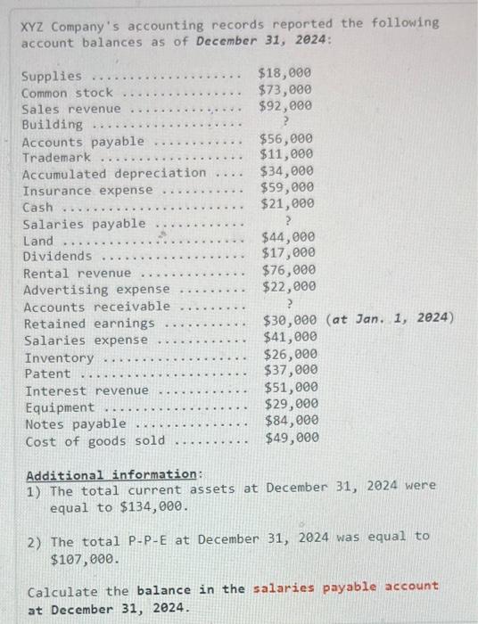 Solved XYZ Company's accounting records reported the | Chegg.com