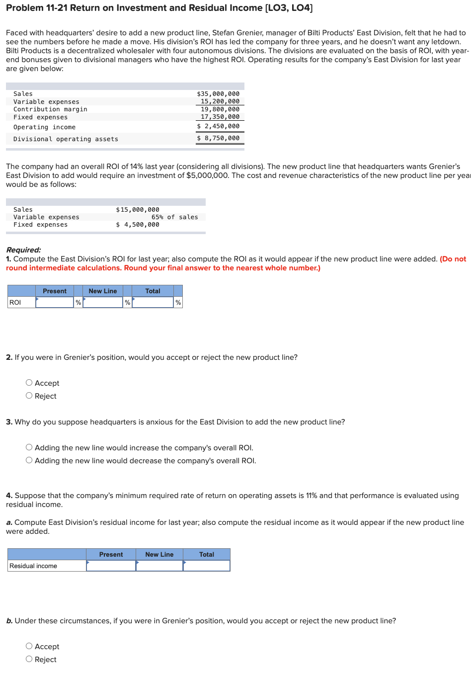 Solved Problem 11-21 ﻿Return on Investment and Residual | Chegg.com
