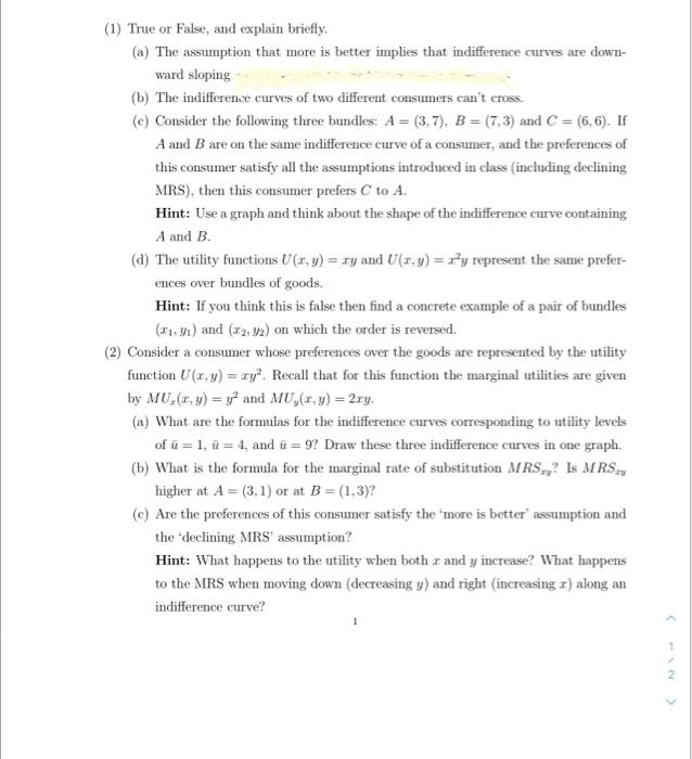 Solved (1) True or False, and explain briefly. (a) The | Chegg.com