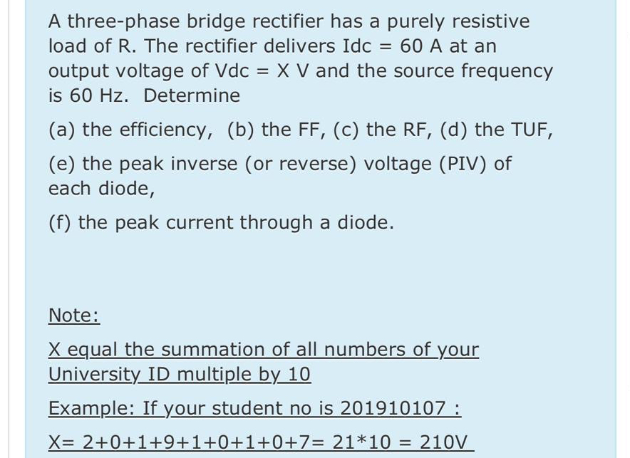 Solved A three-phase bridge rectifier has a purely resistive | Chegg.com