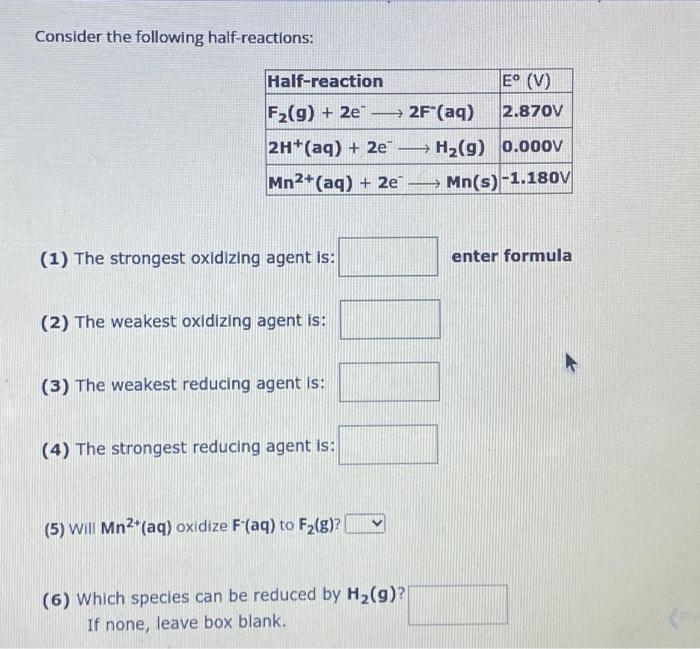 Solved Consider the following half-reactions: Half-reaction | Chegg.com