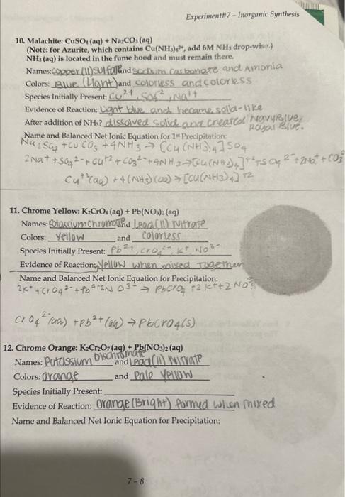 Solved 10. Malachite: CuSO4(aq)+Na2CO3(aq) (Note: for | Chegg.com