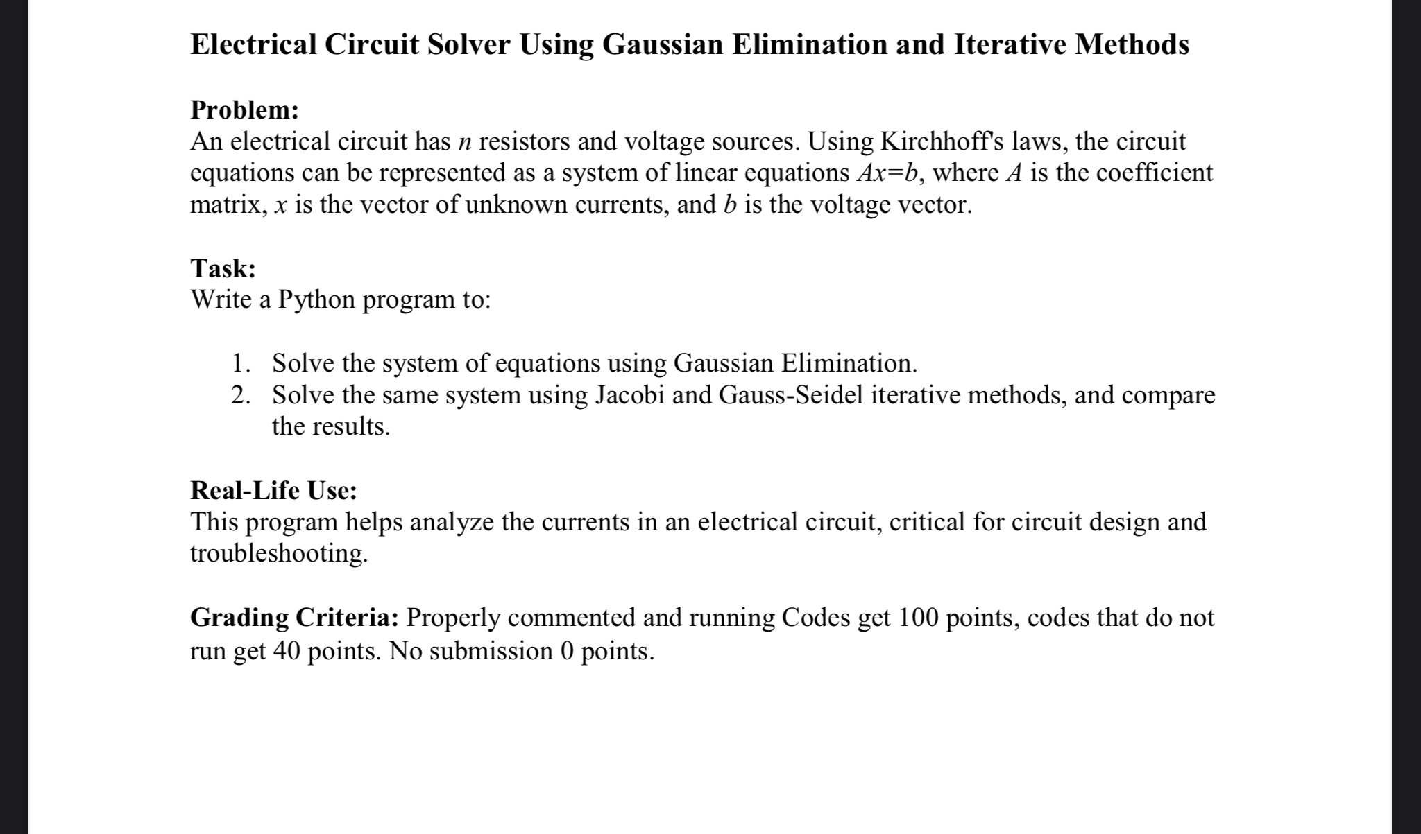 Electrical Circuit Solver Using Gaussian Elimination | Chegg.com