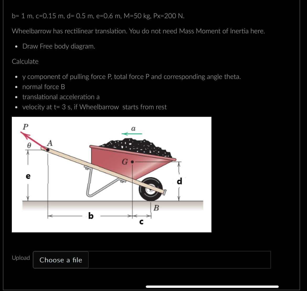 Solved b=1m,c=0.15m,d=0.5m,e=0.6m,M=50kg,Px=200N.Wheelbarrow | Chegg.com