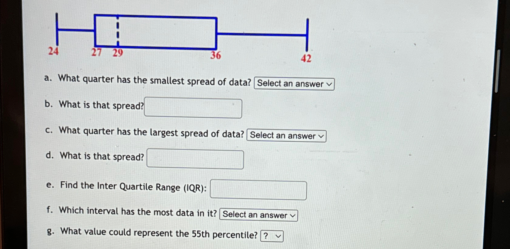 Solved a. ﻿What quarter has the smallest spread of data?b. | Chegg.com