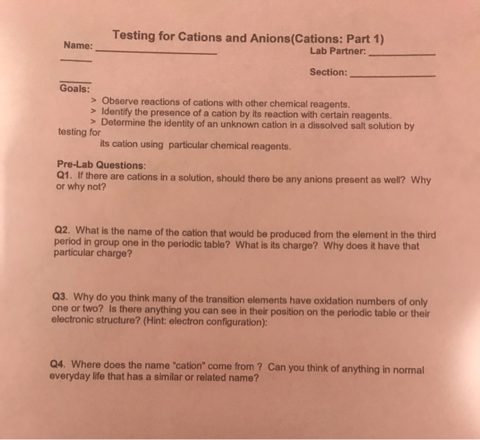 Solved Name: Testing for Cations and Anions(Cations: Part | Chegg.com