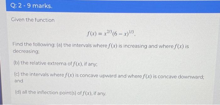 Solved Given the function f(x)=x2/3(6−x)1/3 Find the | Chegg.com