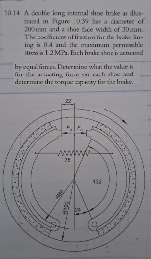 Solved 10.14 ﻿A double long internal shoe brake as | Chegg.com