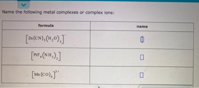 Solved Name the following metal complexes or complex ions: | Chegg.com