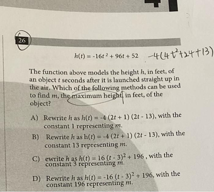 Solved The function above models the height h, in feet, of | Chegg.com