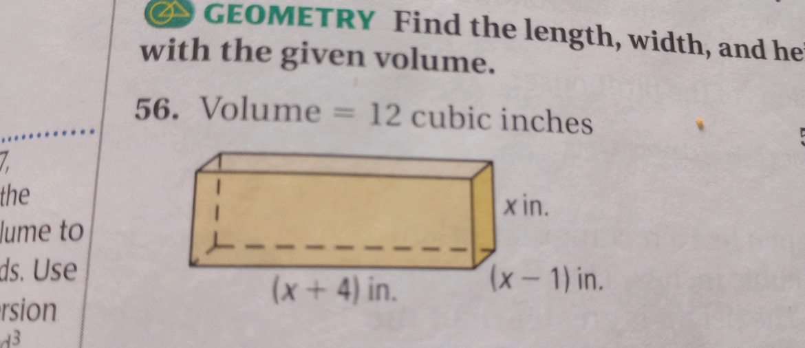 Solved () ﻿GEOMETRY Find the length, width, and he with the | Chegg.com