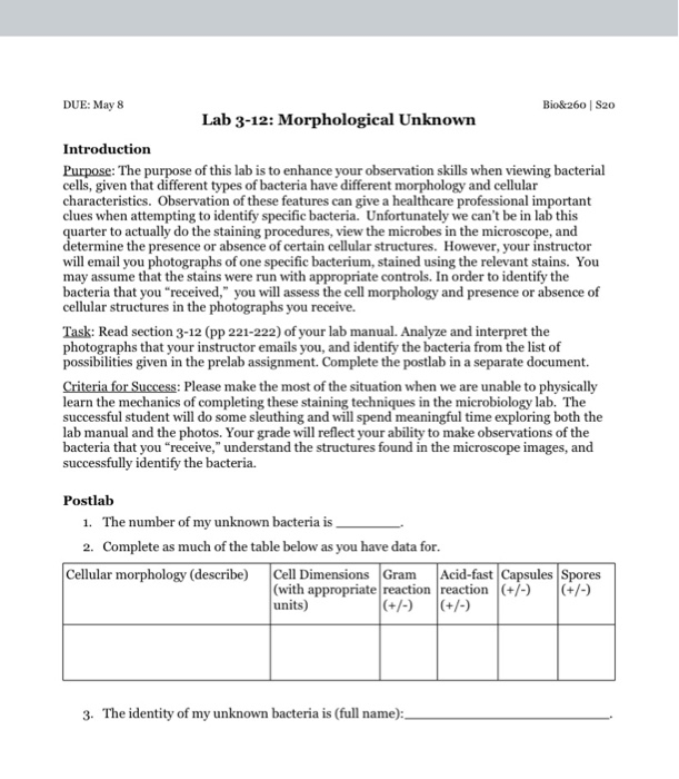 DUE: May 8 Bio&260 S20 Lab 3-12: Morphological | Chegg.com