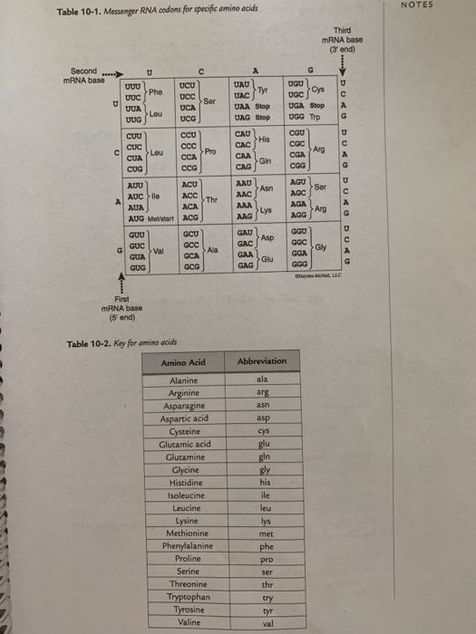 Solved NOTES Table 10-1. Messenger RNA codons for specific | Chegg.com
