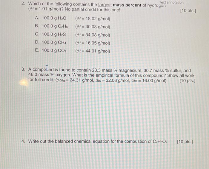 Solved 2. Which of the following contains the largest mass | Chegg.com