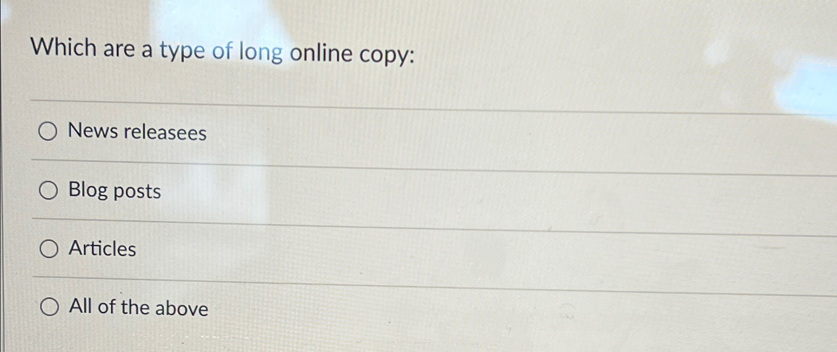 Solved Which are a type of long online copy:News | Chegg.com