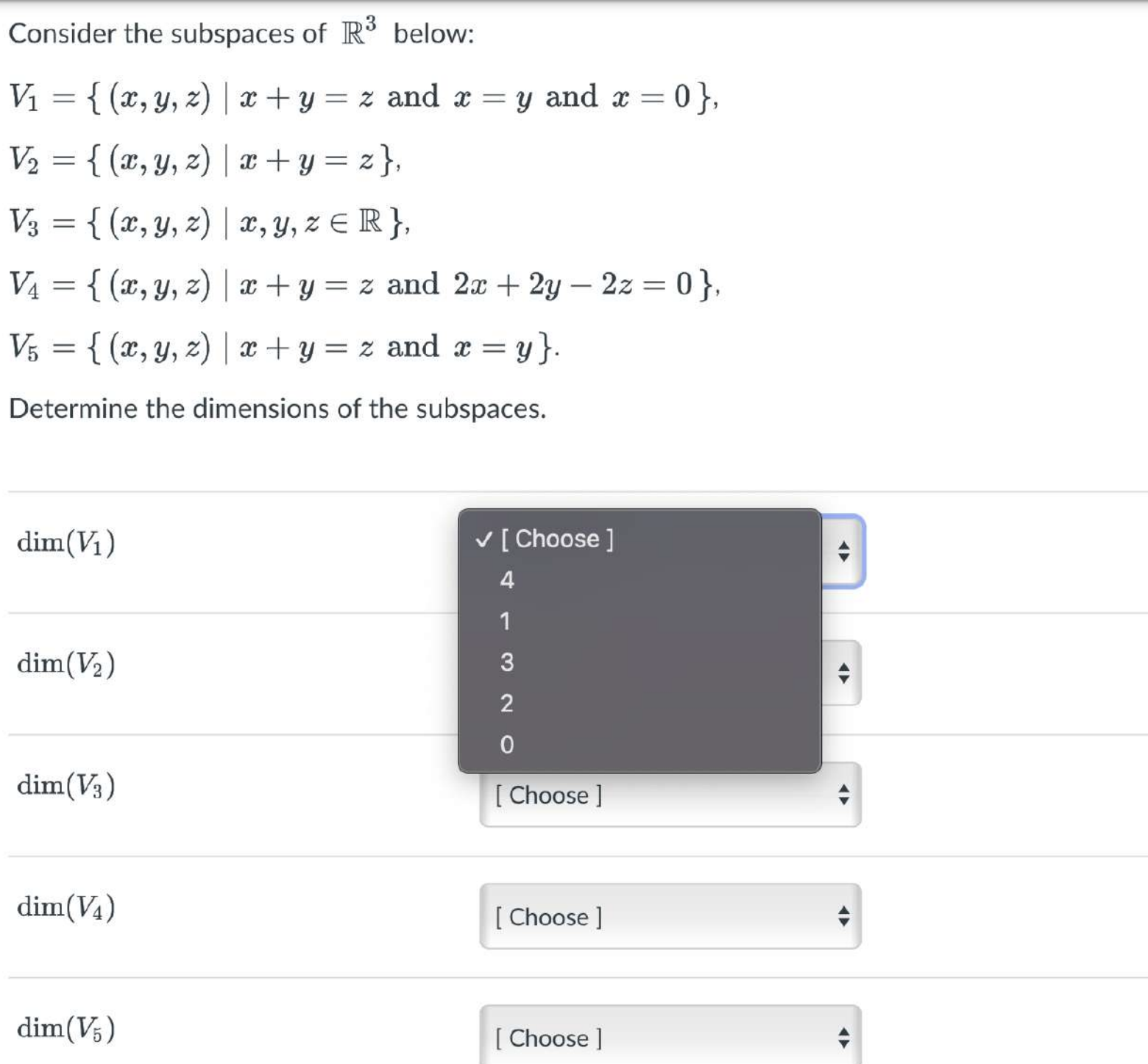 Solved Consider the subspaces of R3 ﻿below:V1={(x,y,z)|x+y=z | Chegg.com