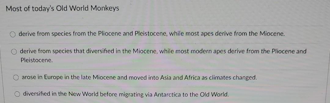 Solved Most of today's Old World Monkeys derive from species | Chegg.com