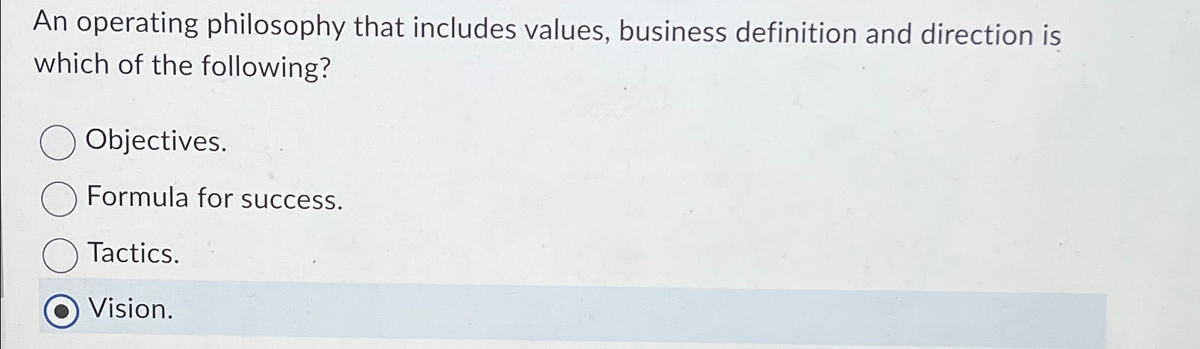 Solved An operating philosophy that includes values, | Chegg.com