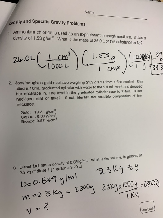 Solved Density and Specific Gravity Problems Name 1. | Chegg.com