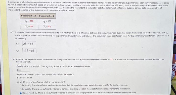 Solved A Consumer Product Testing Organization Uses A Survey