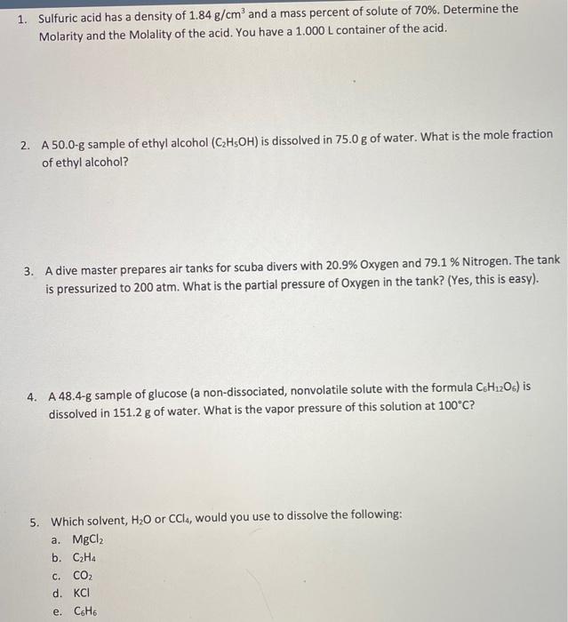 Solved 1. Sulfuric acid has a density of 1.84 g/cm3 and a | Chegg.com