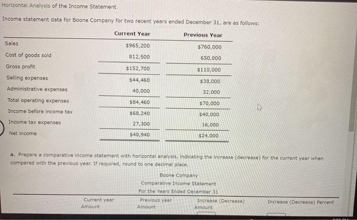 Solved Horizontal Analysis of the Income Statement Income | Chegg.com