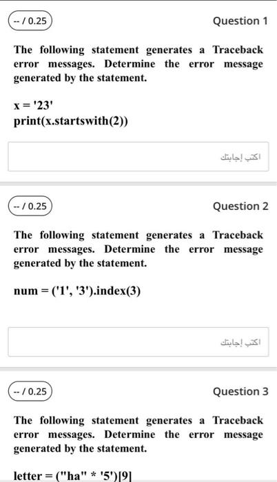 Solved The following statement generates a Traceback error | Chegg.com