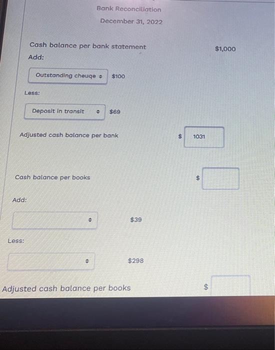 December 31, 2022 Cash balance per bank statement | Chegg.com
