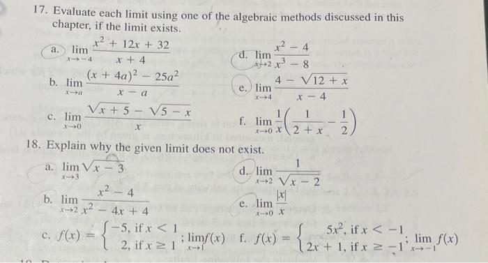 Solved 17. Evaluate each limit using one of the algebraic | Chegg.com