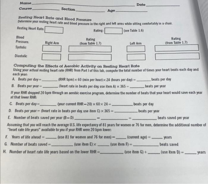 Resting Heart Rate and Blood Pressure Determine your | Chegg.com