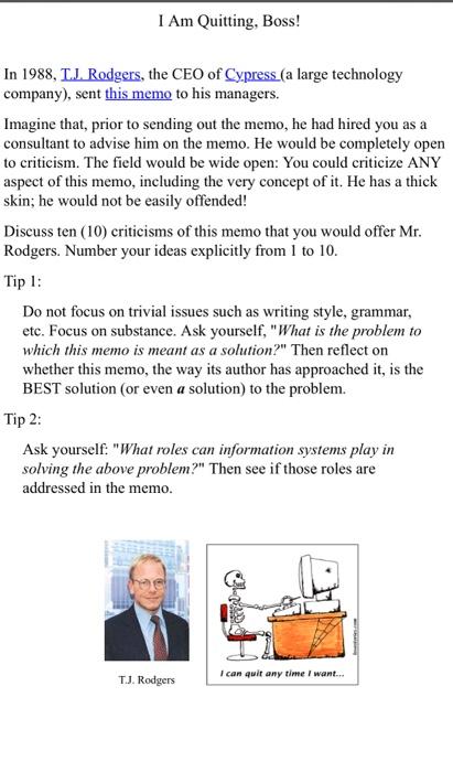 In 1988, TJ. Rodgers, the CEO of Cypress (a large | Chegg.com