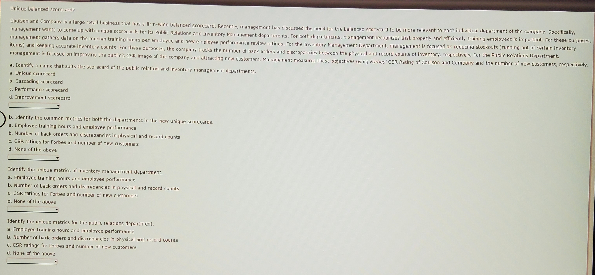 Solved Unique balanced scorecardsa. ﻿Identify a name that | Chegg.com